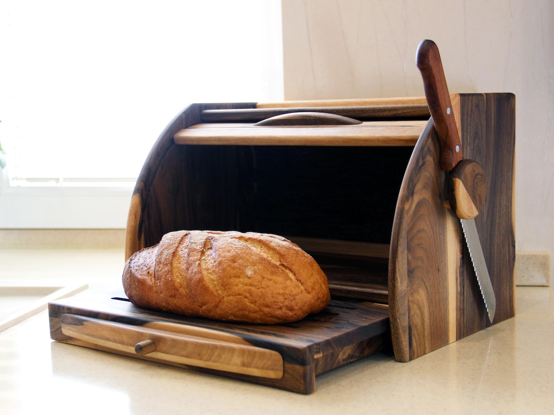 Functional Walnut Wood Bread Box With Cutting Board and Magnetic Knife ...