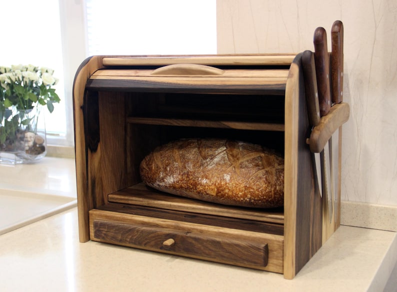 Walnut Wood Bread Box With Cutting Board & Magnetic Knife Holder ...