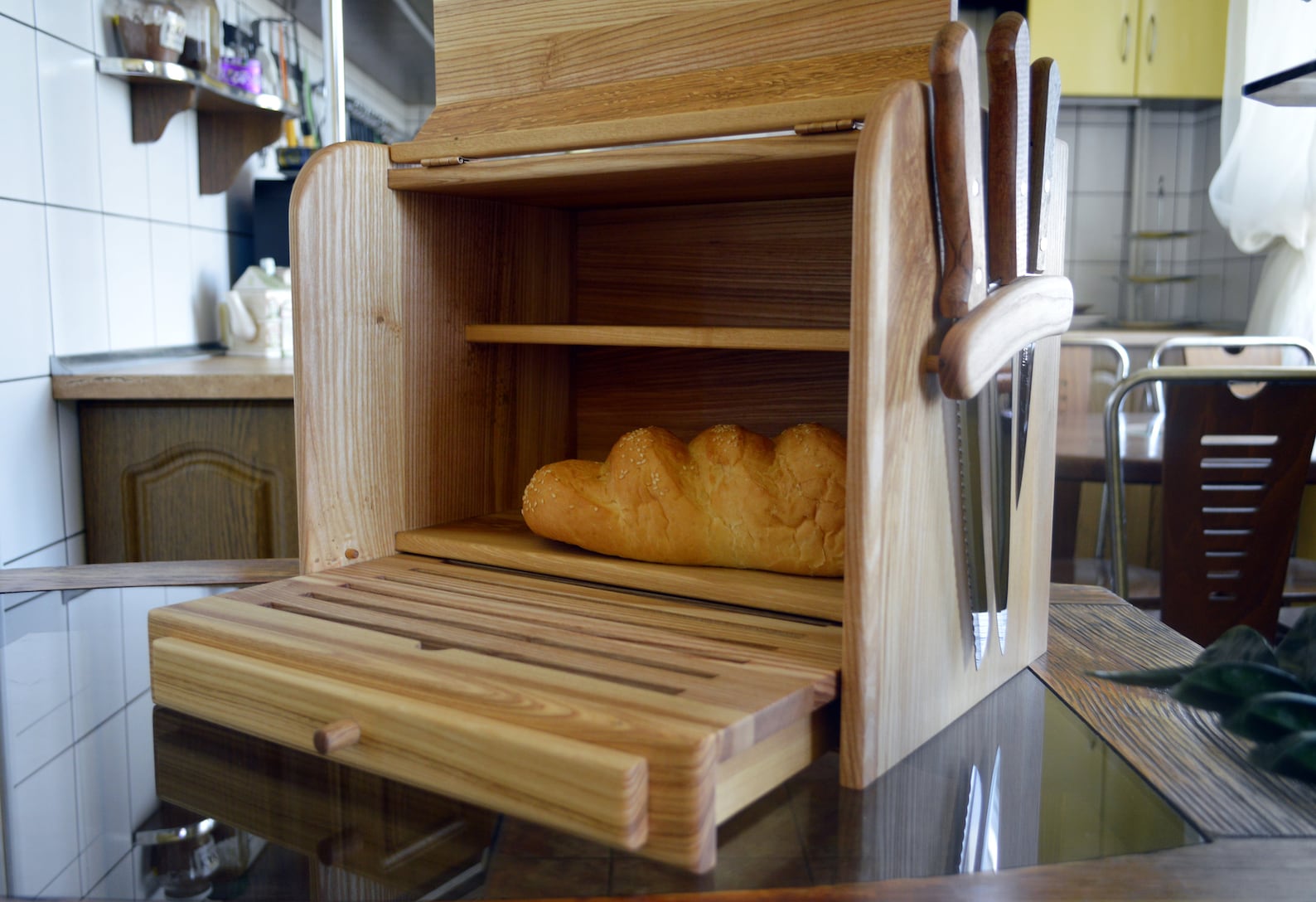 Ash Bread Box With a Cutting Board and Knife Holder Crumbs - Etsy