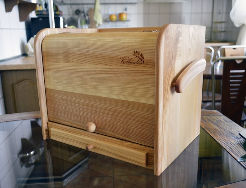 Ash Bread Box With a Cutting Board and Knife Holder, Crumbs Tray ...