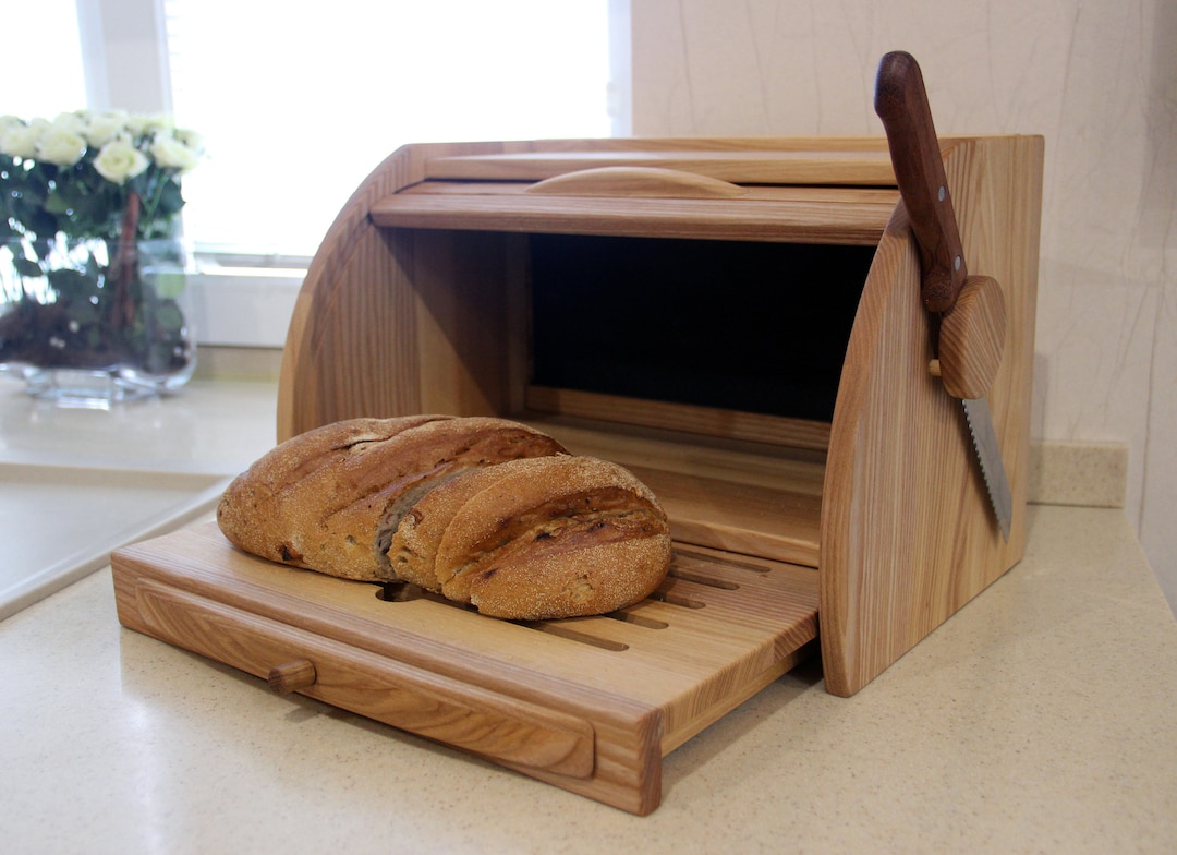 Functional Ash Wood Bread Box With Cutting Board and Magnetic Knife ...