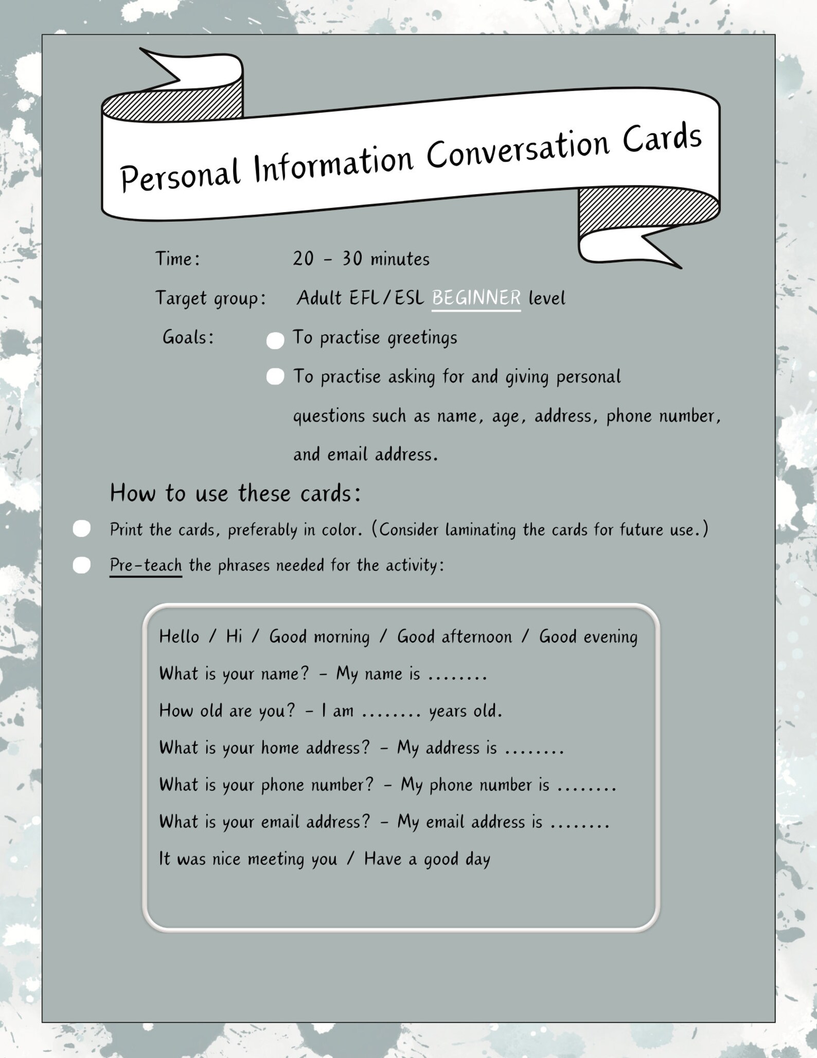Conversation Cards English as a Second Language, English as a Foreign ...