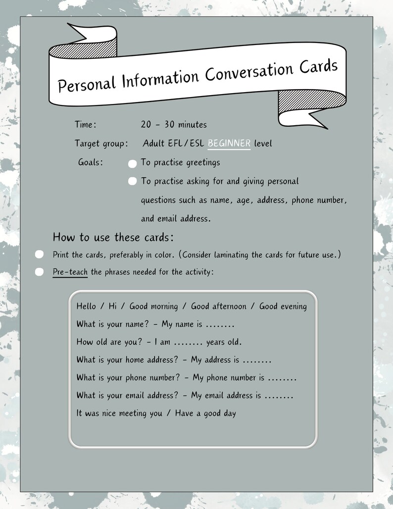 Conversation Cards English as a Second Language, English as a Foreign ...