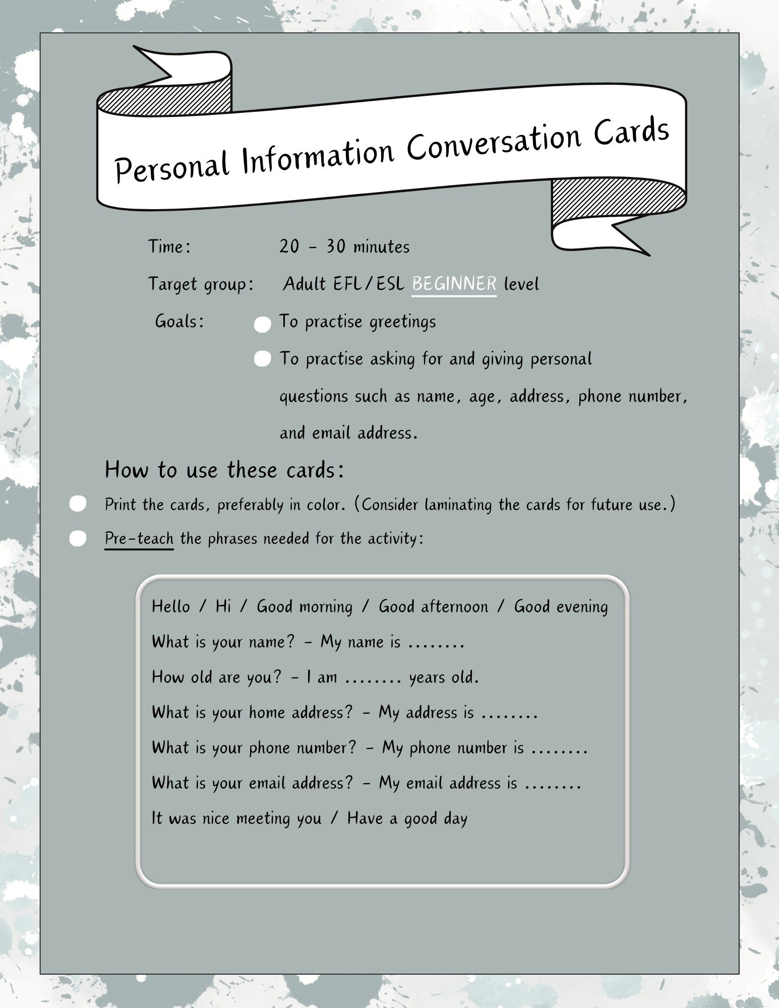 Conversation Cards English as a Second Language, English as a Foreign ...