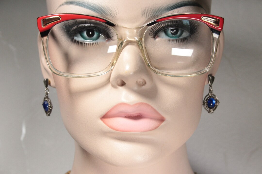 Size Small JET SET Early 80's Preppy Clear Red and Gold Thick Rim Eye ...