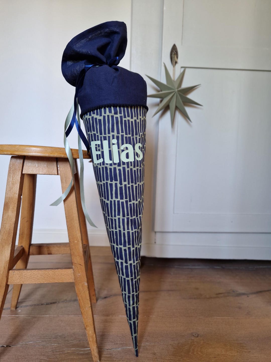 Fabric School Cone - Dark Blue and Sage Green Patterned - First Day of ...