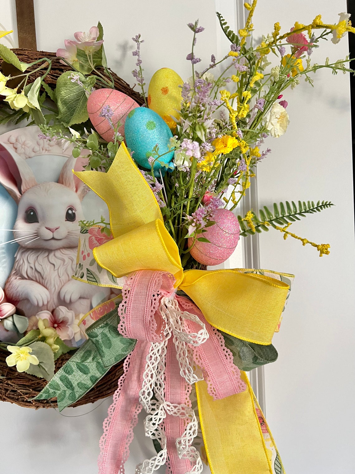 Easter Wreath, Bunny Wreath, Rabbit Door Wreath, Spring Floral Wreath ...