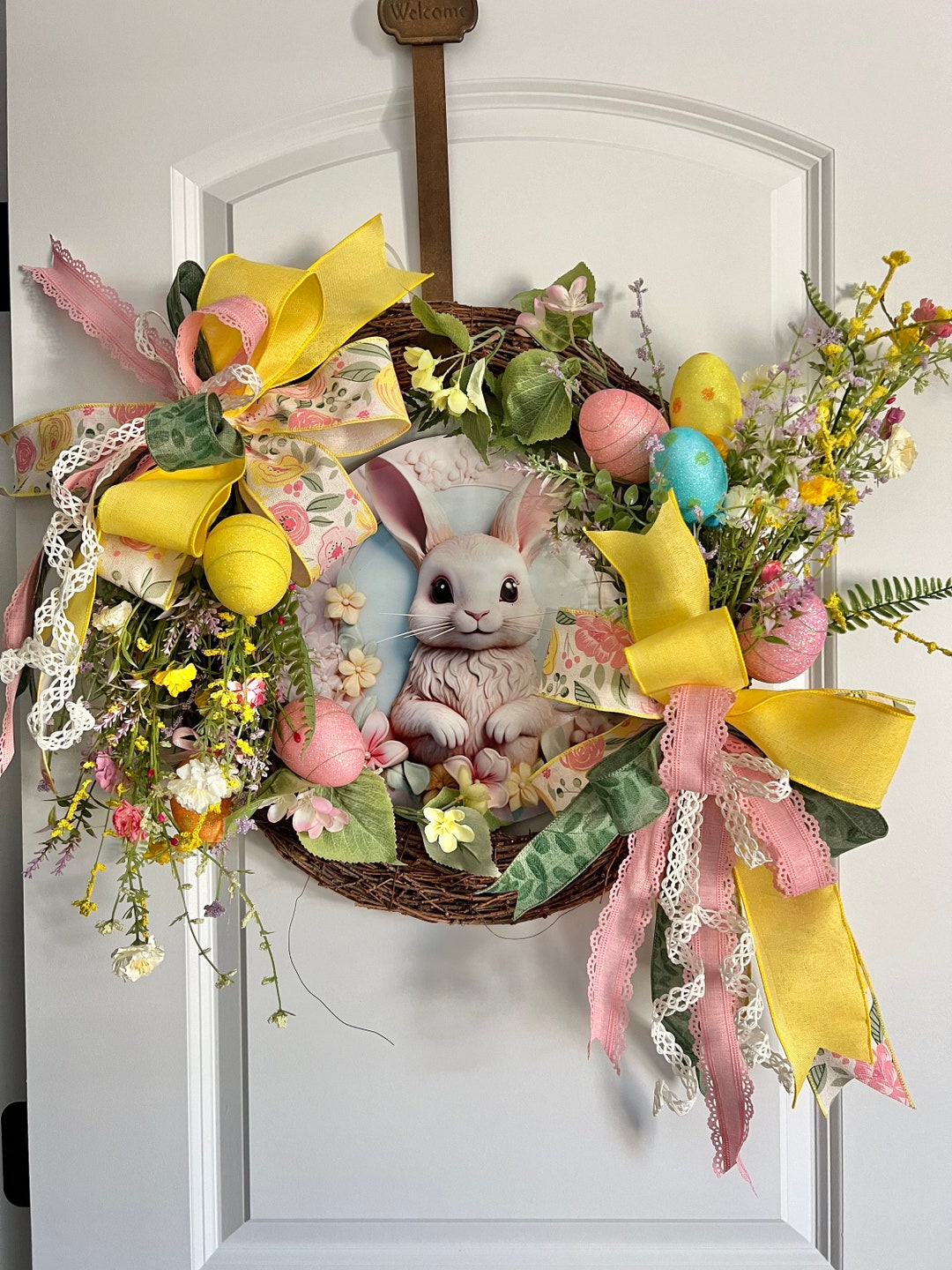 Easter Wreath, Bunny Wreath, Rabbit Door Wreath, Spring Floral Wreath ...