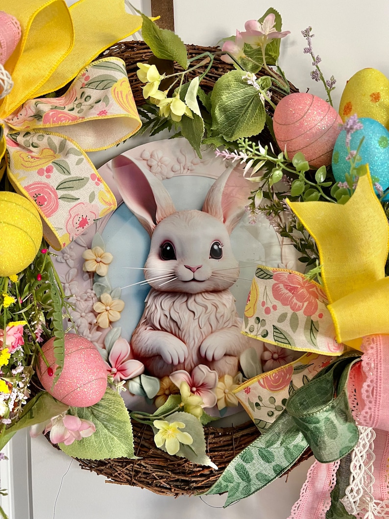 Easter Wreath, Bunny Wreath, Rabbit Door Wreath, Spring Floral Wreath ...