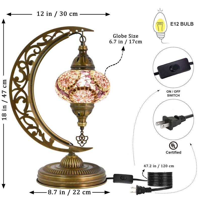 Turkish Moon Mosaic Table Lamp – Handmade Moroccan Style Lamp With Bulb ...