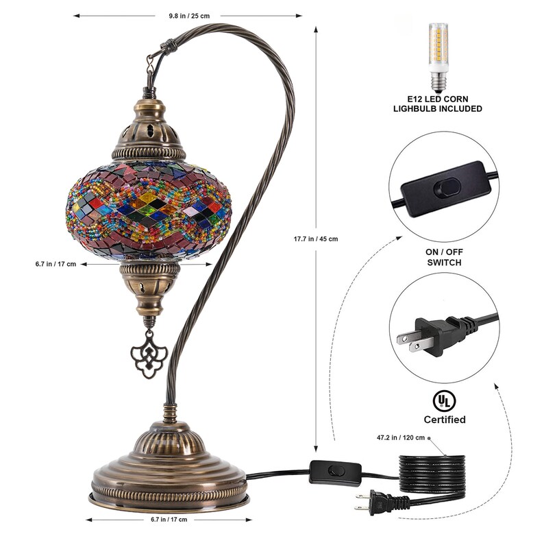 Turkish Mosaic Table Lamp – Handmade Moroccan Swan Neck Lamp With Bulb ...