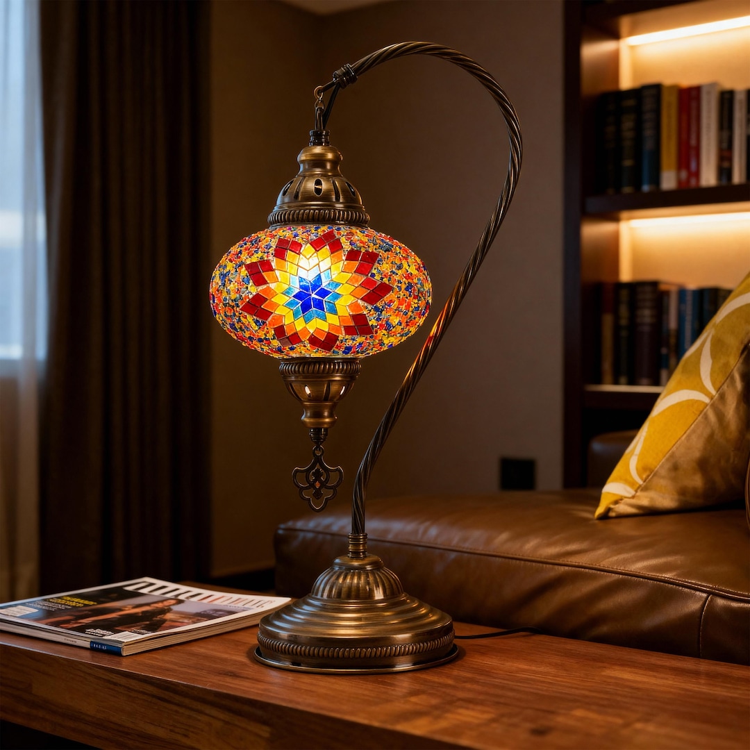 Turkish Mosaic Table Lamp – Handmade Moroccan Swan Neck Lamp With Bulb ...