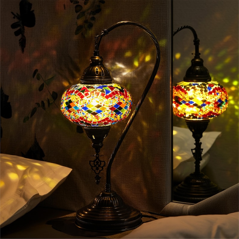 Turkish Mosaic Table Lamp – Handmade Moroccan Swan Neck Lamp With Bulb ...