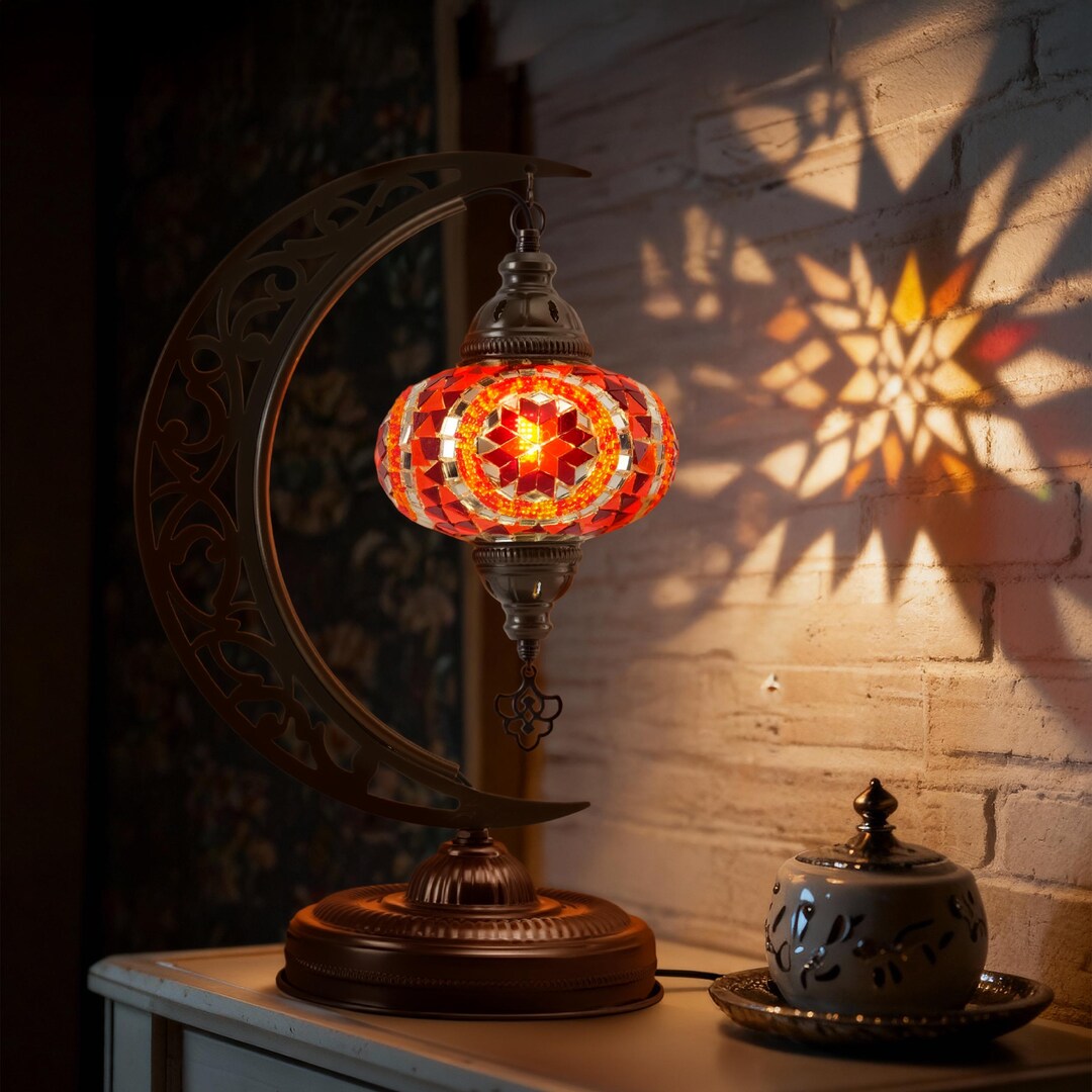 Turkish Moon Mosaic Table Lamp – Handmade Moroccan Style Lamp With Bulb ...