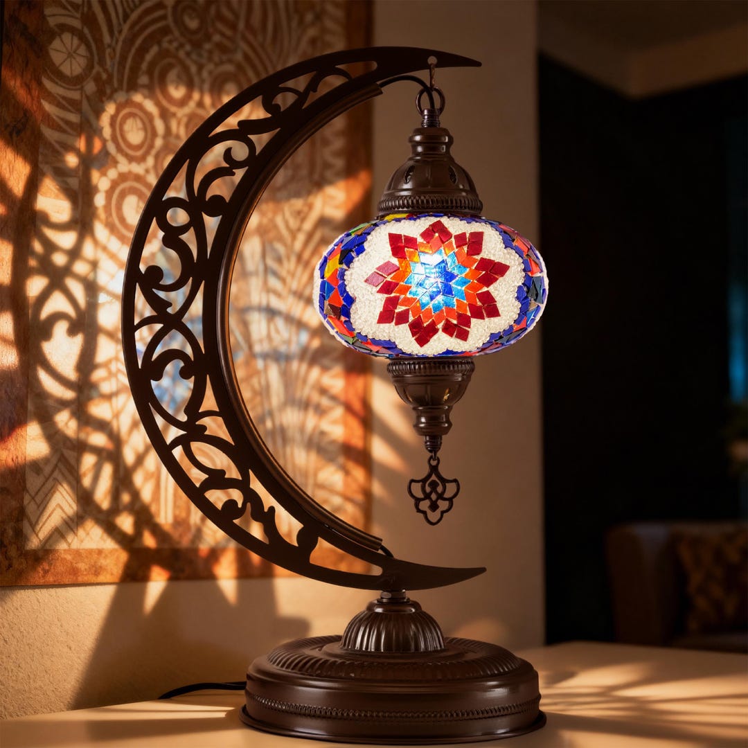 Turkish Moon Mosaic Table Lamp – Handmade Moroccan Style Lamp With Bulb ...