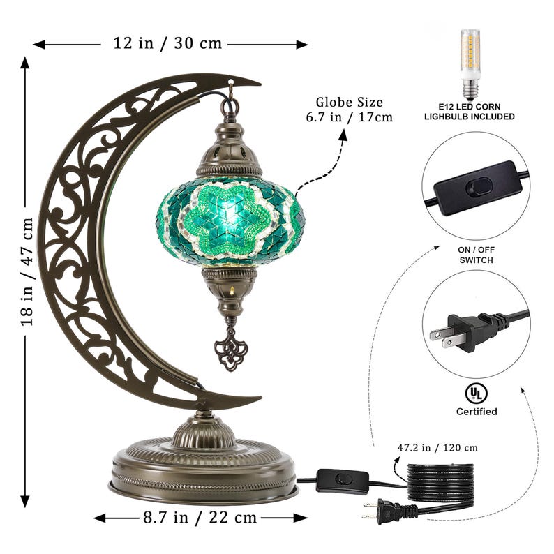 Turkish Moon Mosaic Table Lamp – Handmade Moroccan Style Lamp With Bulb ...