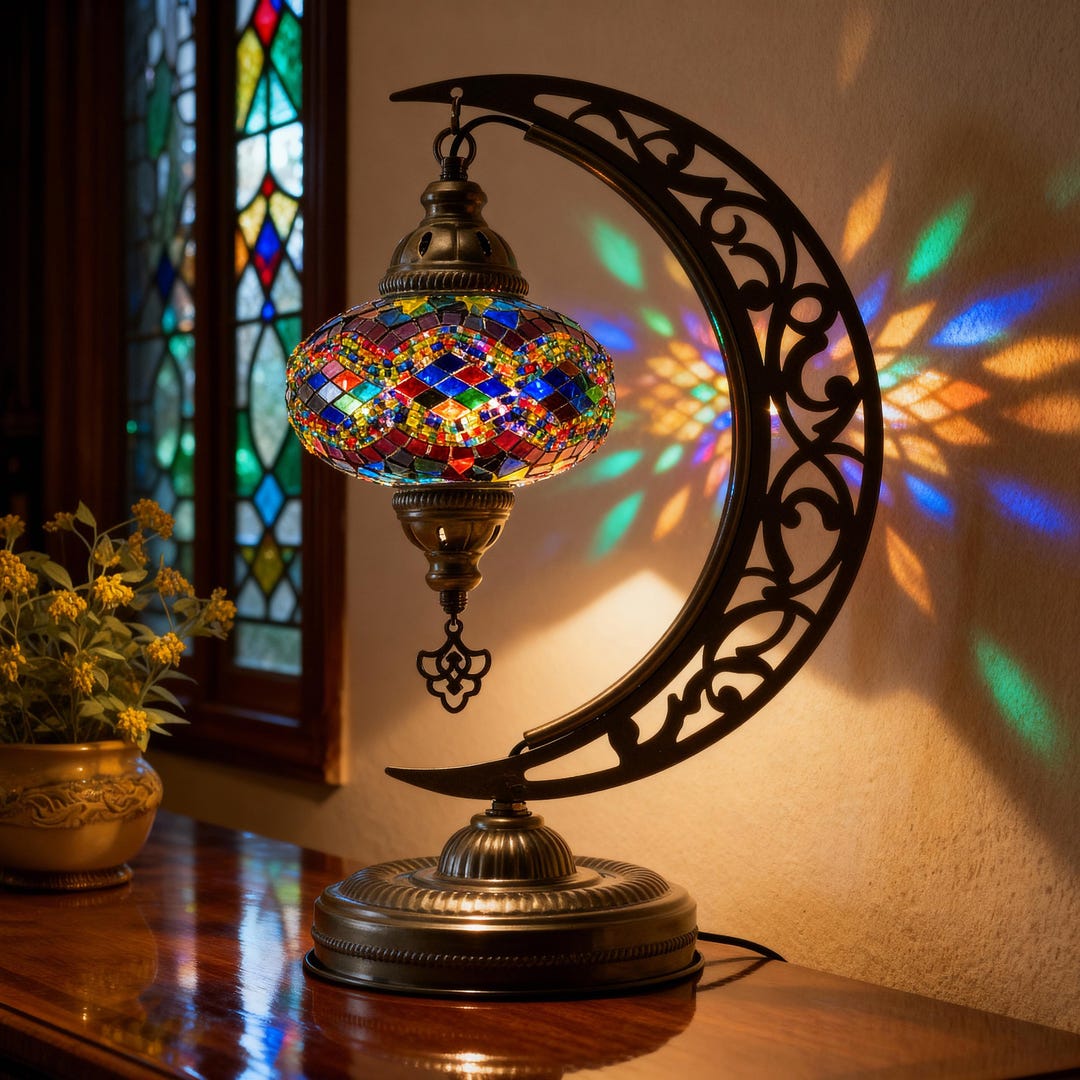 Turkish Moon Mosaic Table Lamp – Handmade Moroccan Style Lamp With Bulb ...