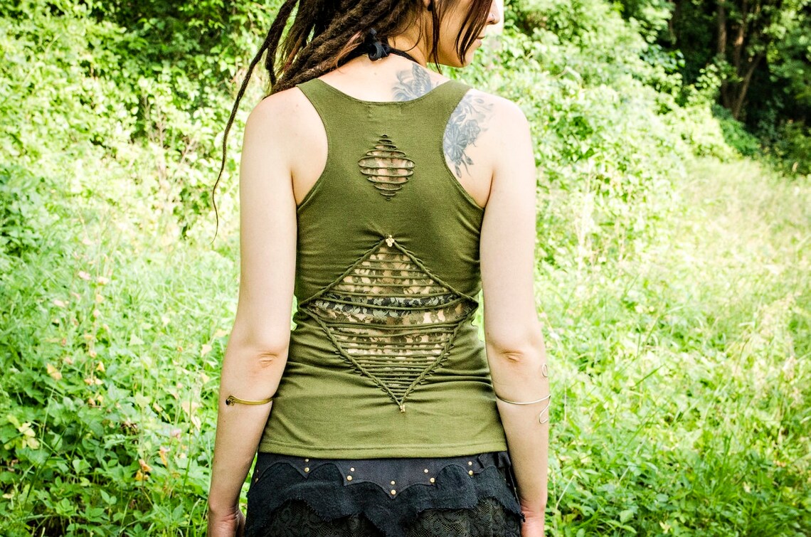 Racerback CUT-OUT TOP With Lace and Brass Beads Olive - Etsy