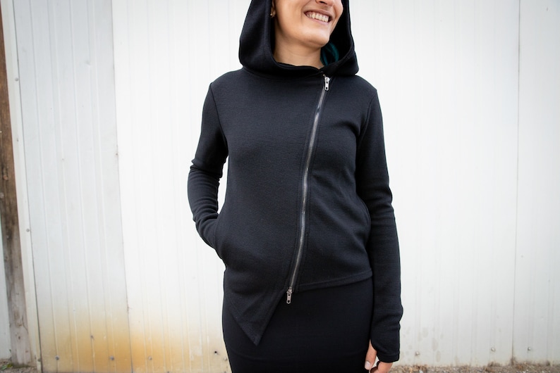 Zipper Jacket With Diagonal Zipper Thumb Holes and Large Hood - Etsy