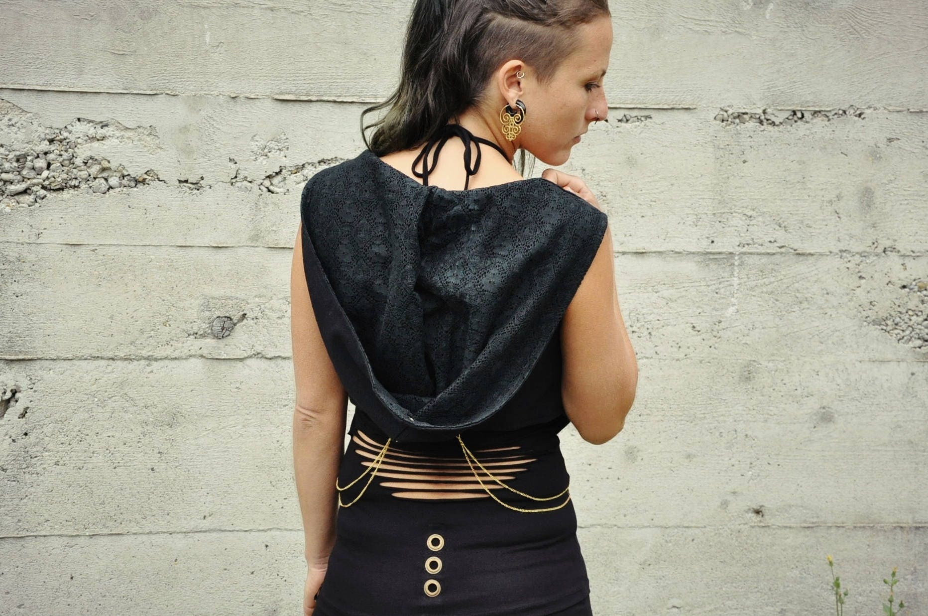 HOODED VEST Short Vest With Rivets and Brass Chains Black - Etsy