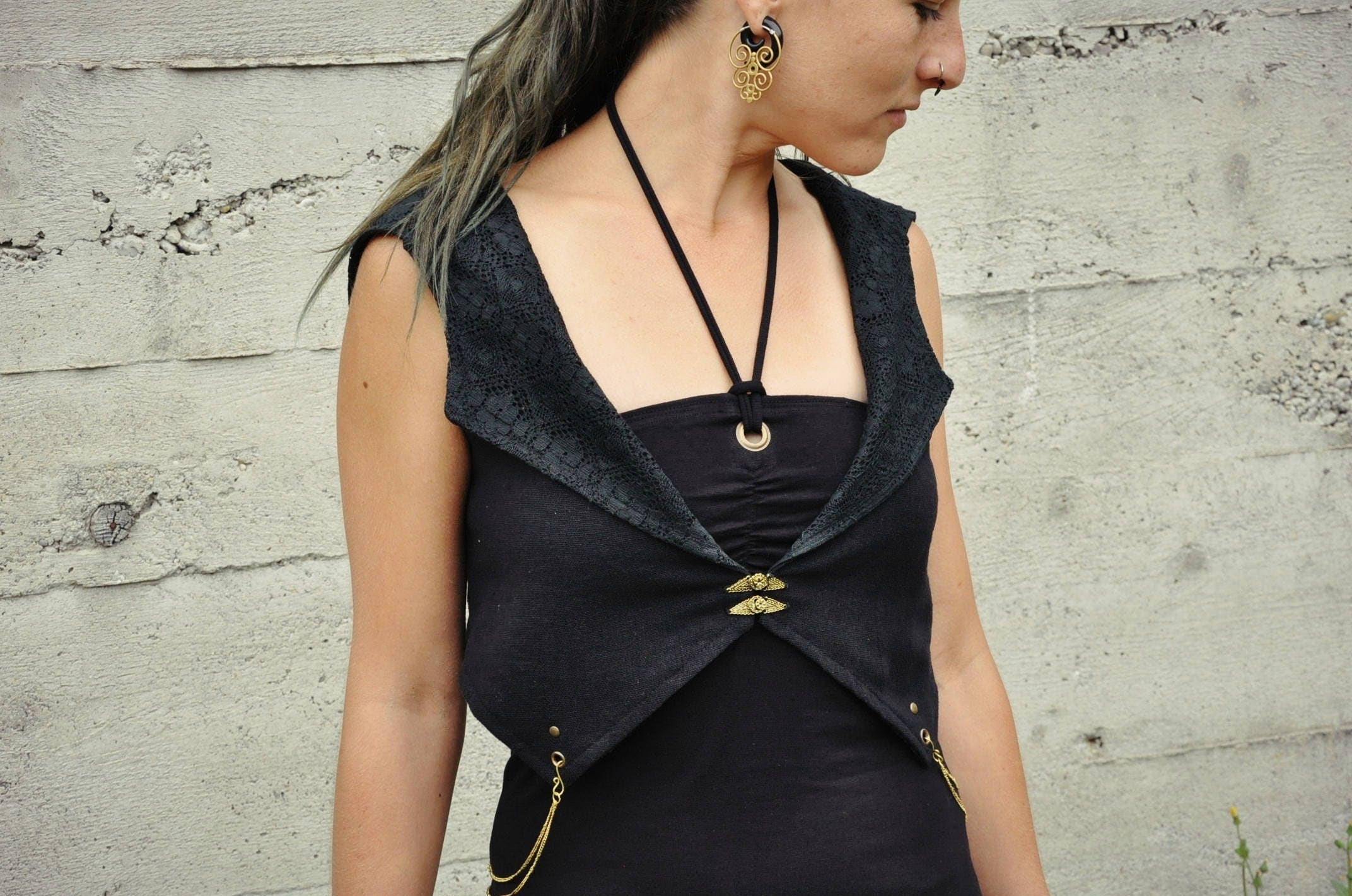 HOODED VEST Short Vest With Rivets and Brass Chains Black - Etsy