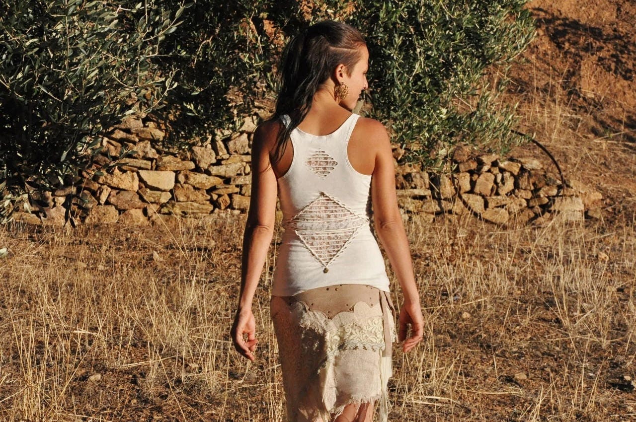 Racerback CUT-OUT TOP with Lace and Brass Beads white | Etsy