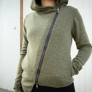 Zipper Jacket With Diagonal Zipper, Thumb Holes and Large Hood - Olive ...