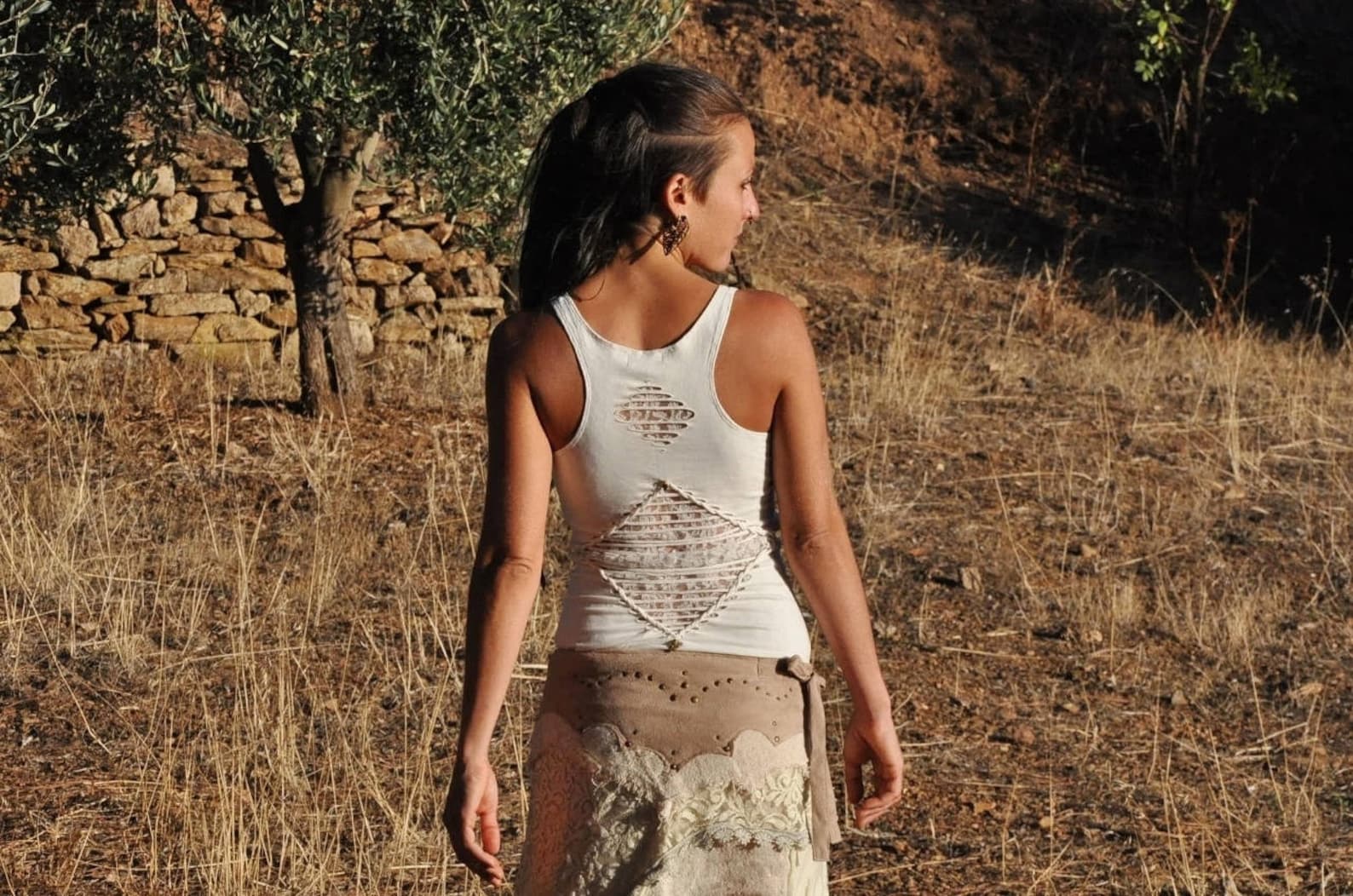 Racerback CUT-OUT TOP with Lace and Brass Beads white | Etsy