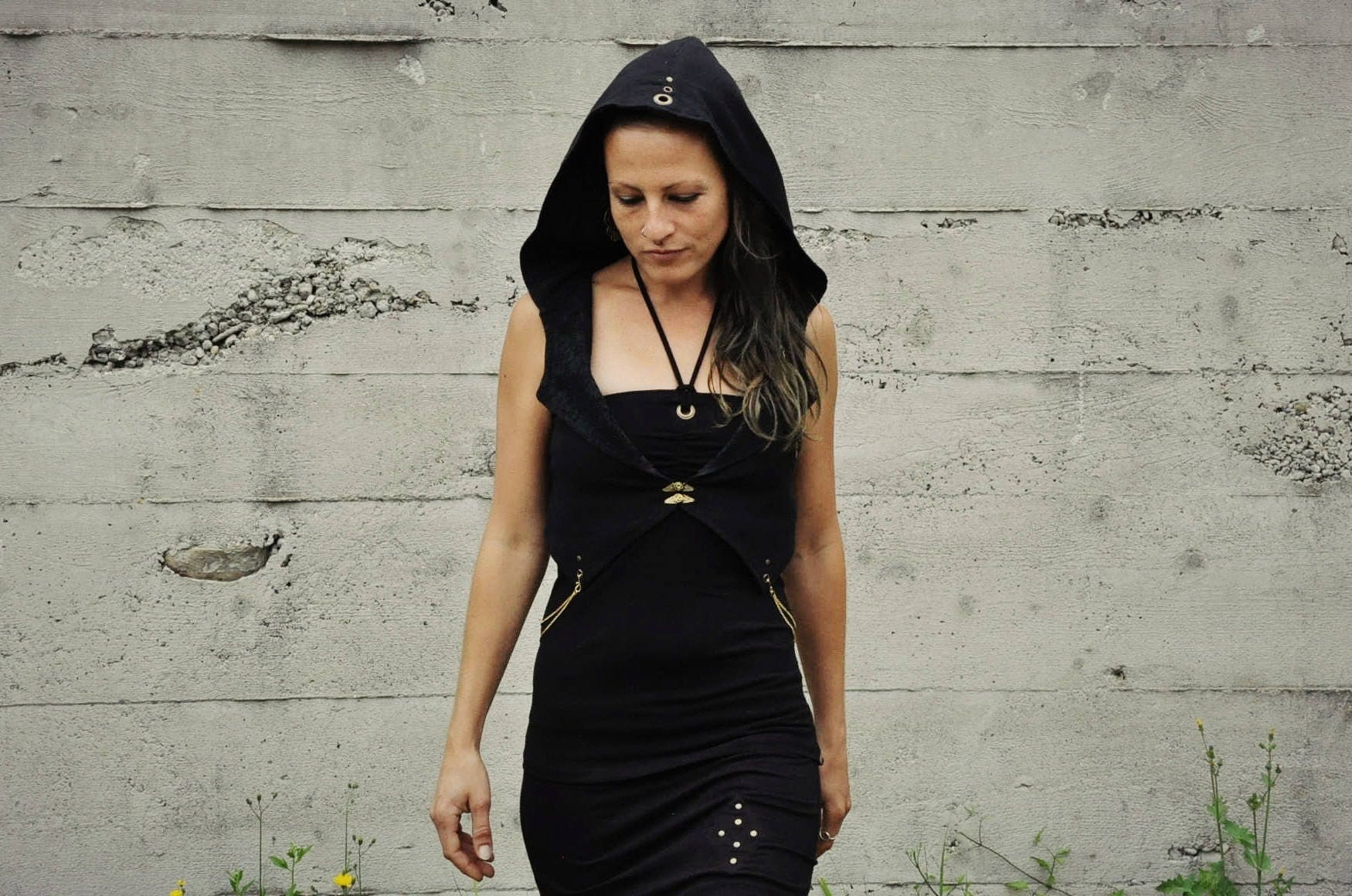 HOODED VEST Short Vest With Rivets and Brass Chains Black - Etsy