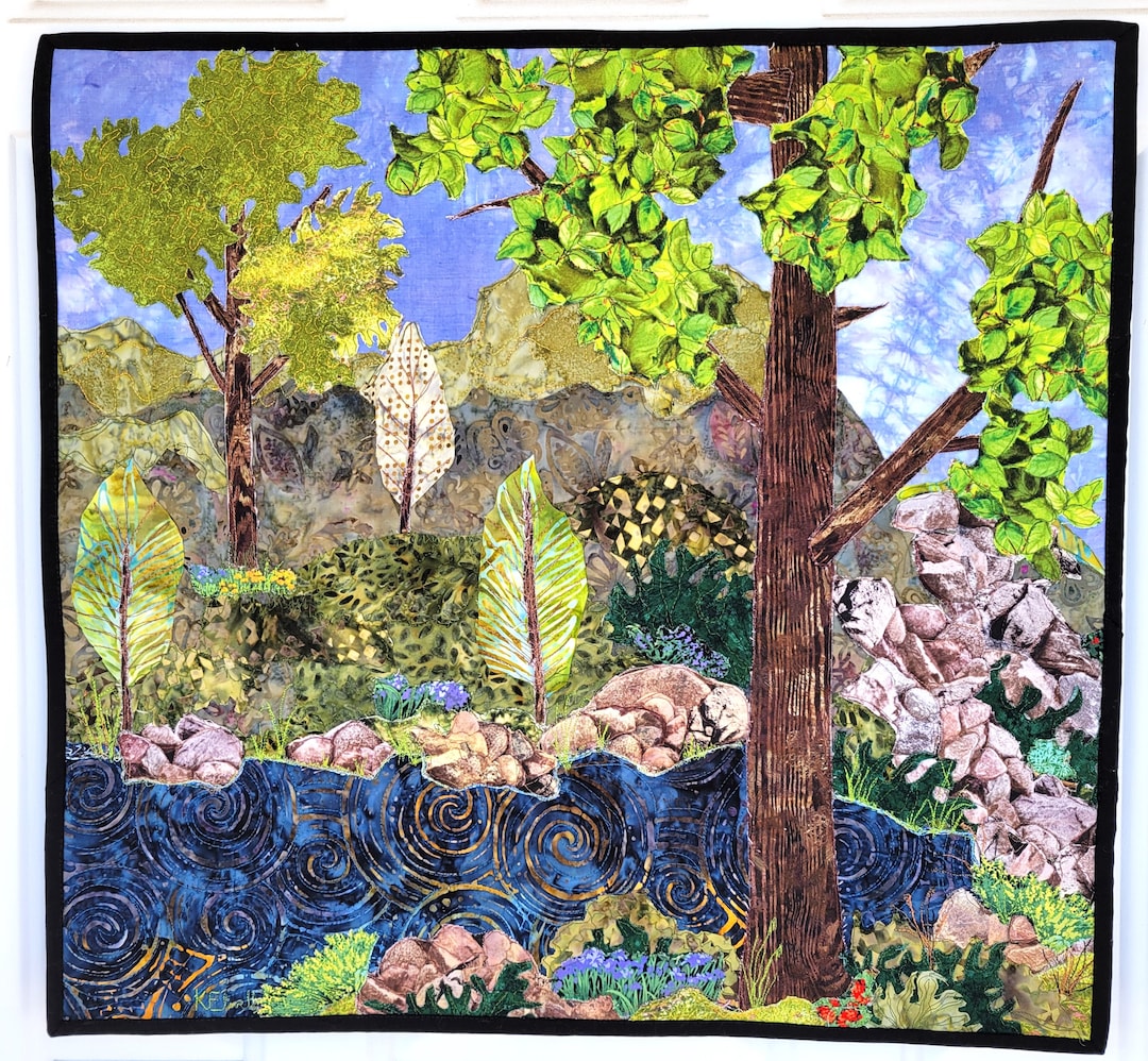 Landscape Art Quilt Wall Hanging, Mountain Stream River Lake Outdoors ...