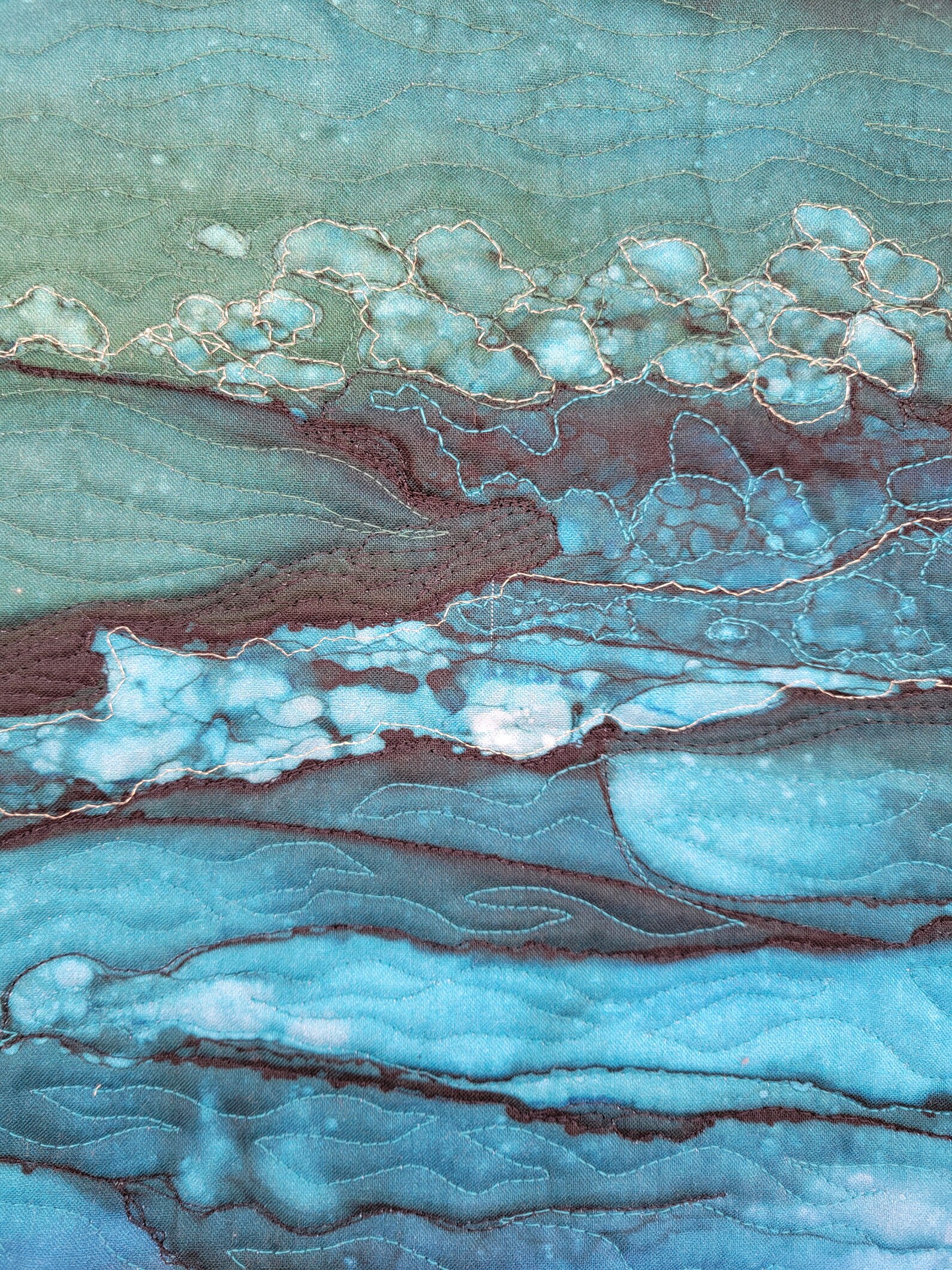 Ocean Waves Art Quilt Wall Hanging 27x20 Quilted Fabric Panel, Yarn ...
