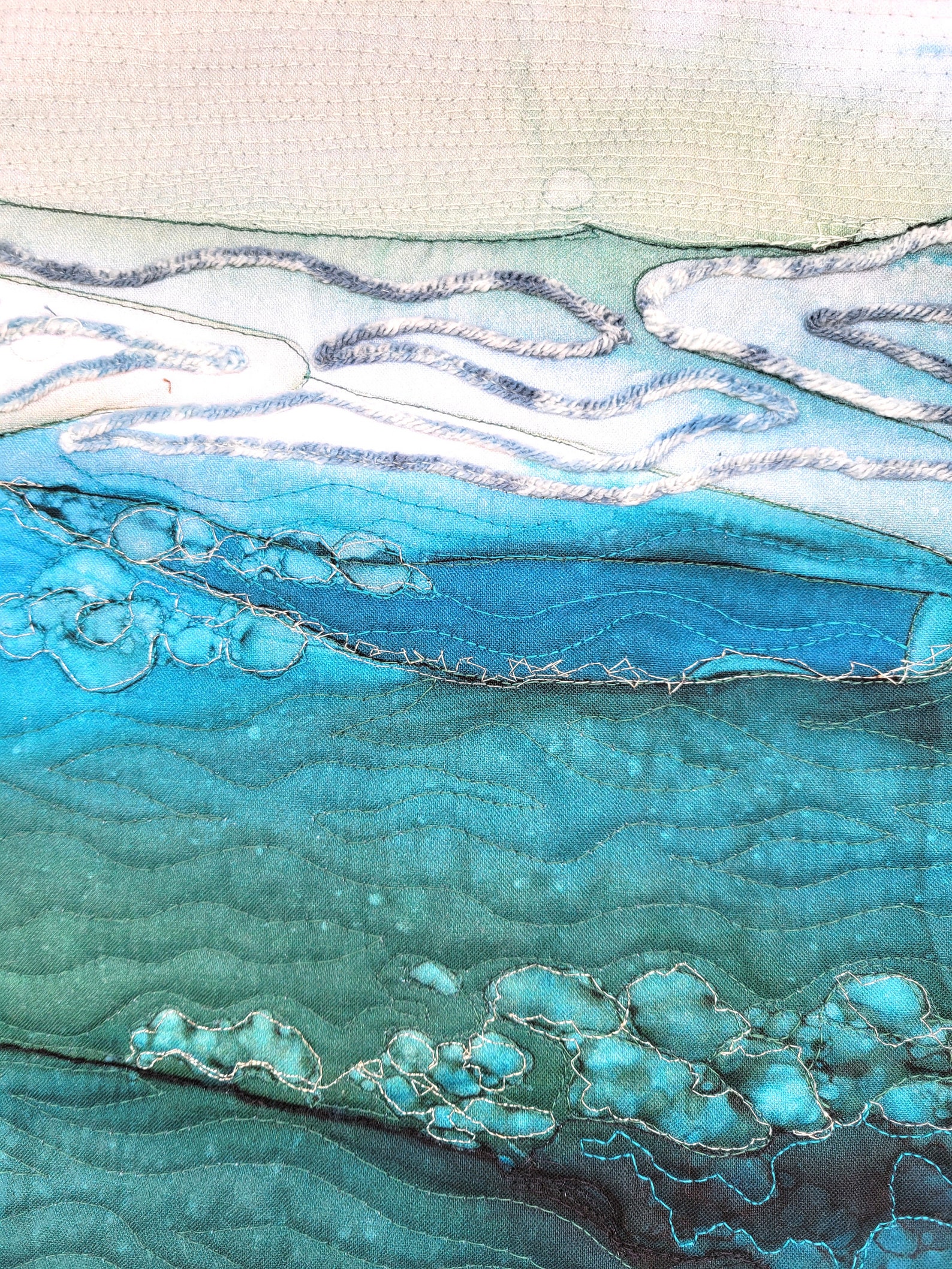 Ocean Waves Art Quilt Wall Hanging 27x20 Quilted Fabric Panel, Yarn ...