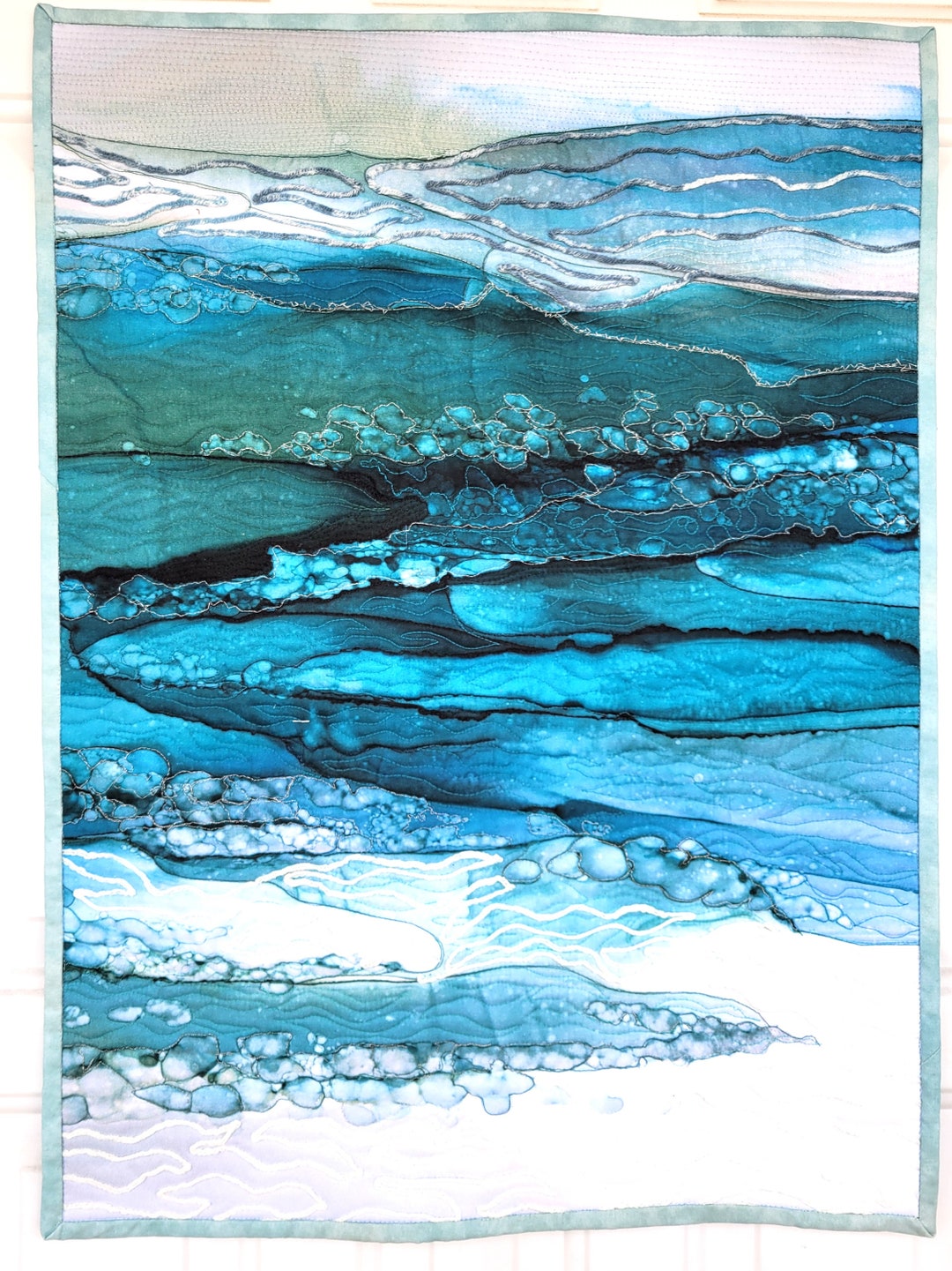 Ocean Waves Art Quilt Wall Hanging 27x20 Quilted Fabric Panel, Yarn ...