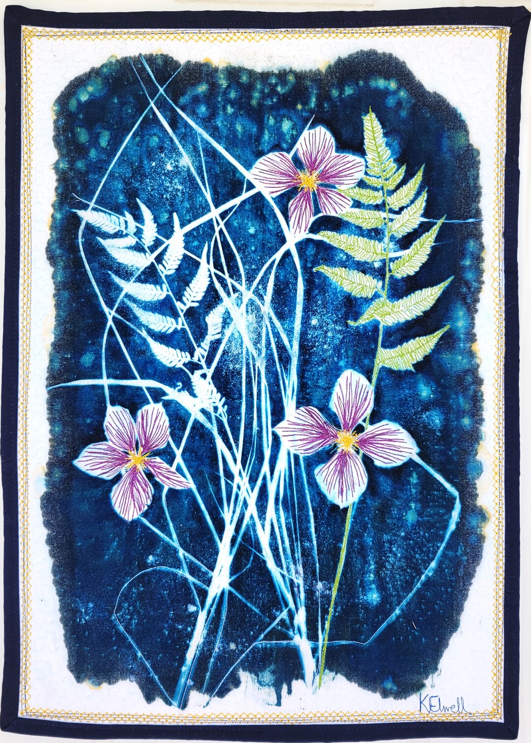 Cyanotype Art Quilt, Thread Painting, Handmade Sun Print, Quilted Wall ...