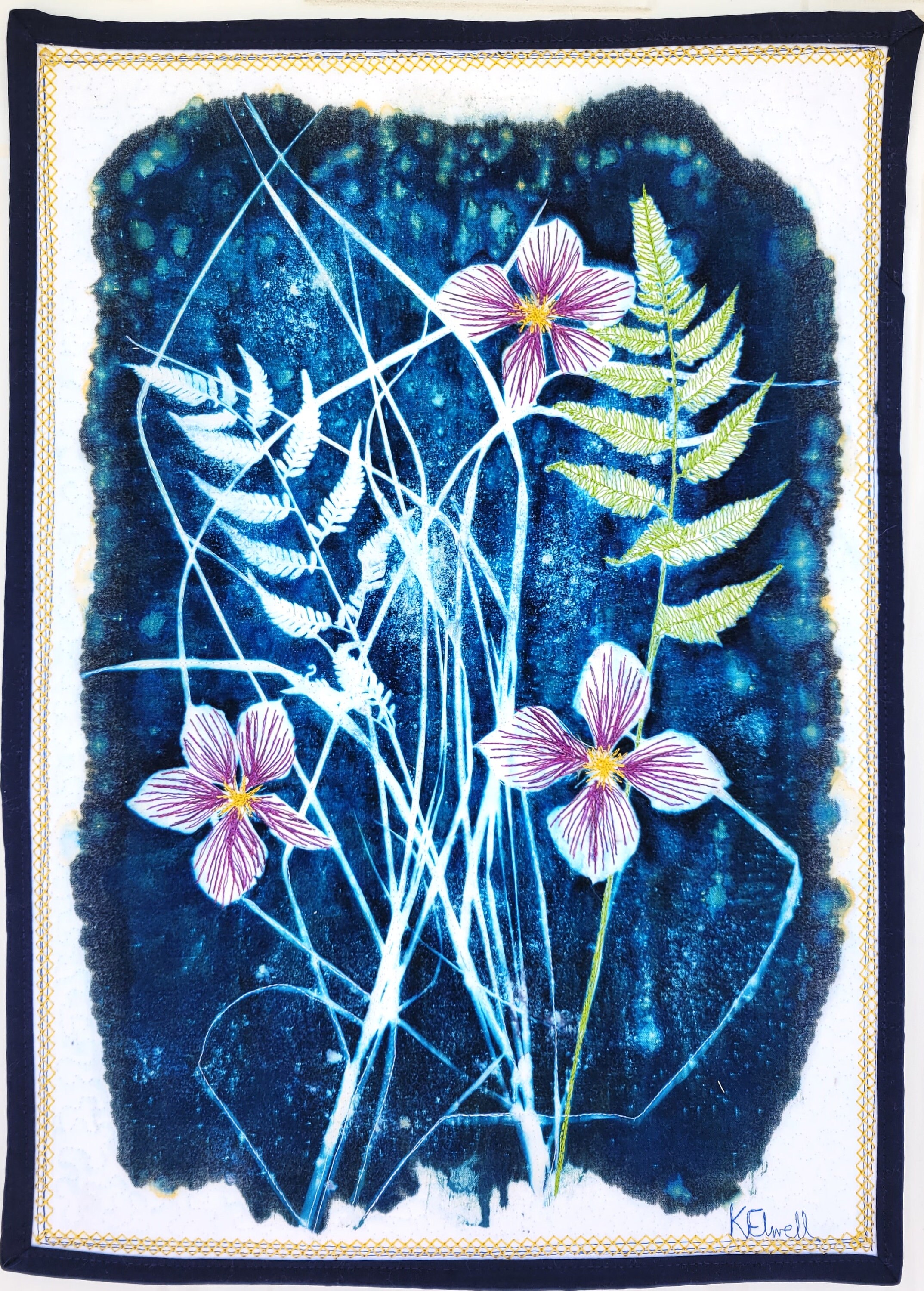 Cyanotype Art Quilt, Thread Painting, Handmade Sun Print, Quilted Wall ...