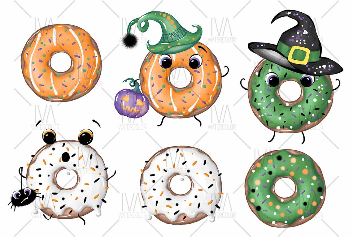 Hand Drawn Halloween Donut Clipart: Spider & Pumpkin PNG Pack - Etsy