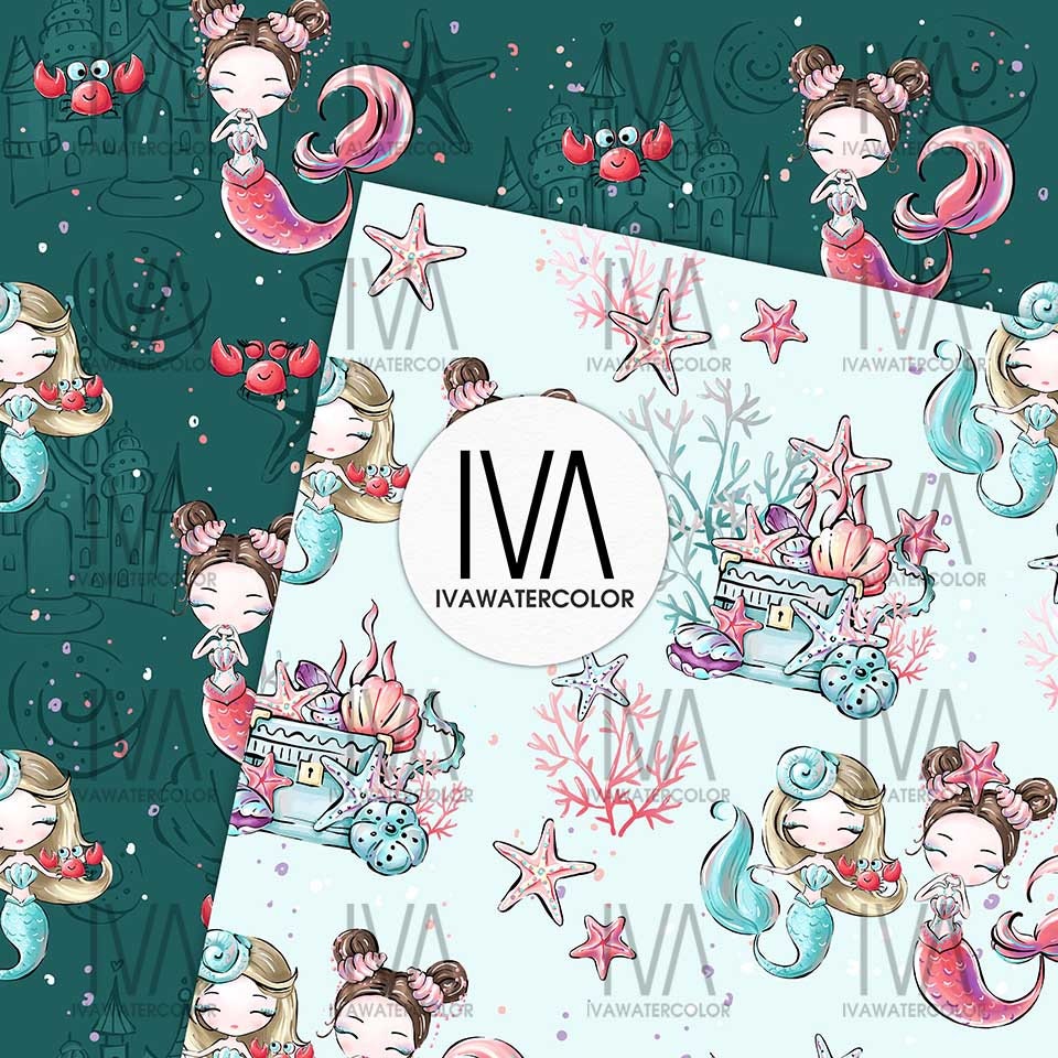 Mermaid Digital Paper, Seamless Pattern, Mermaid Background, Digital ...
