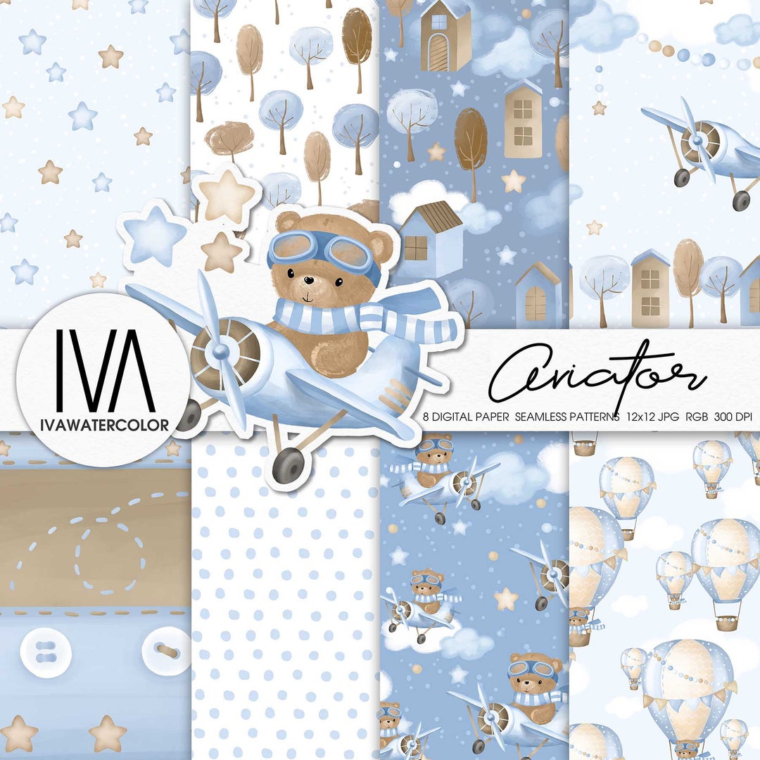 Aviator Bear Digital Paper Pack, Airplanes, Seamless Pattern Baby Boy ...