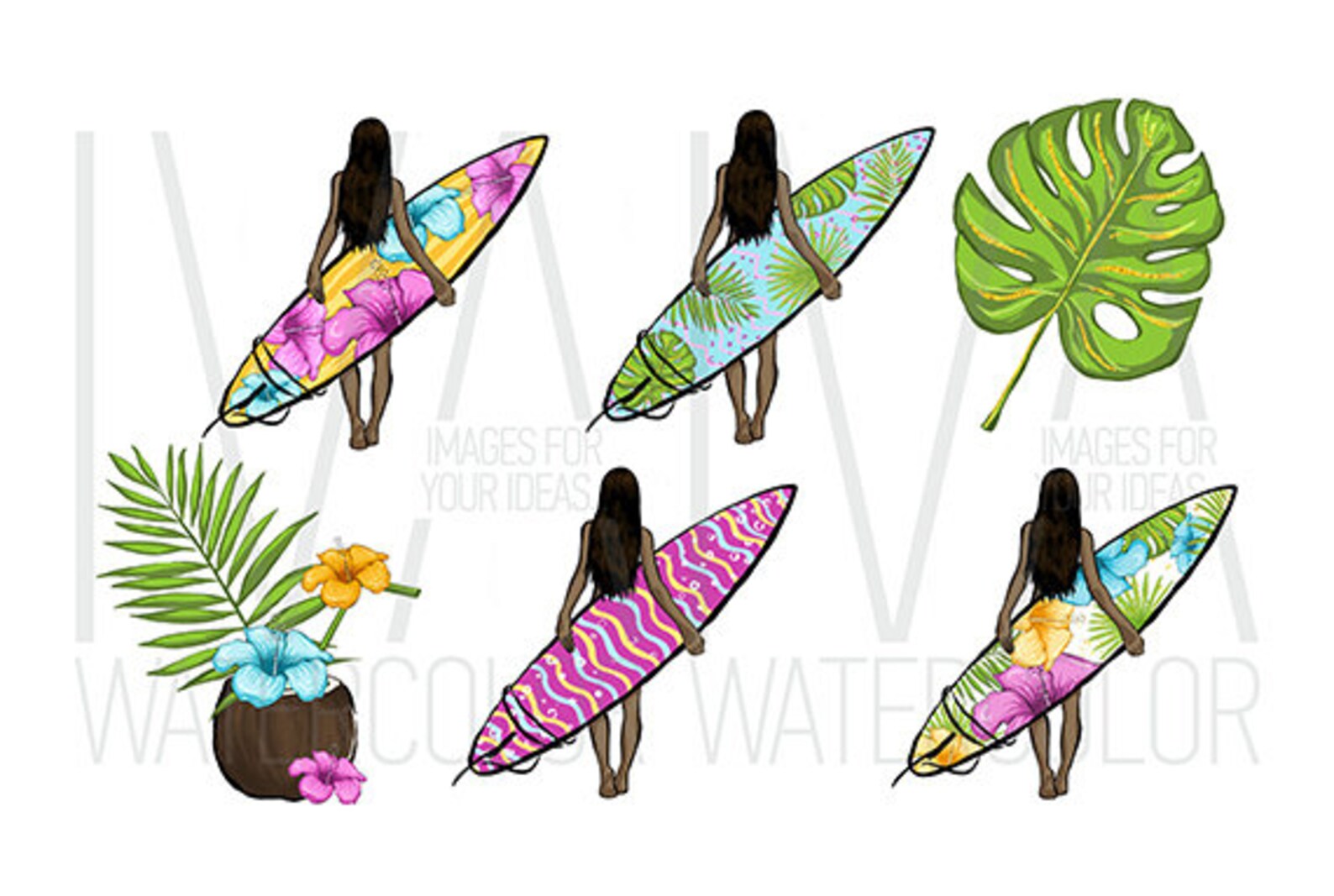 Summer Clipart Surfer Girl Exotic Beach Clipart Tropical - Etsy