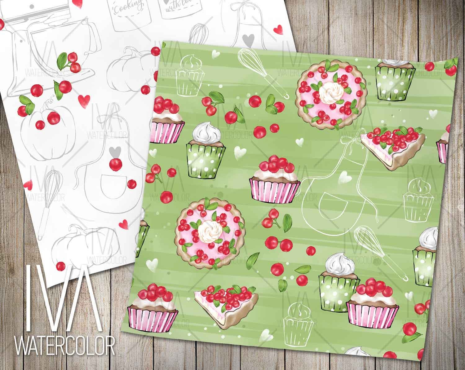 Culinary Art Design Digital Paper, Kitchen Art, Dessert Surface Pattern ...