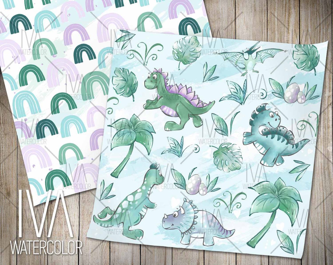 Dinosaurs Kids Digital Paper Rainbow Seamless Pattern | Etsy