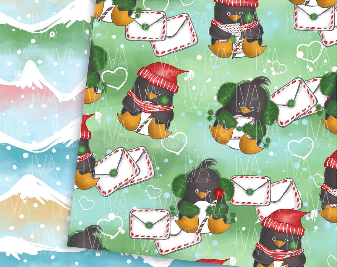 Christmas Penguin Bear Duck Rabbit Digital Paper, Festive Winter ...