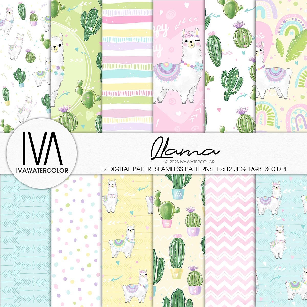 Cute Llama Pattern Digital Paper - Cactus Succulent Drawing Seamless ...