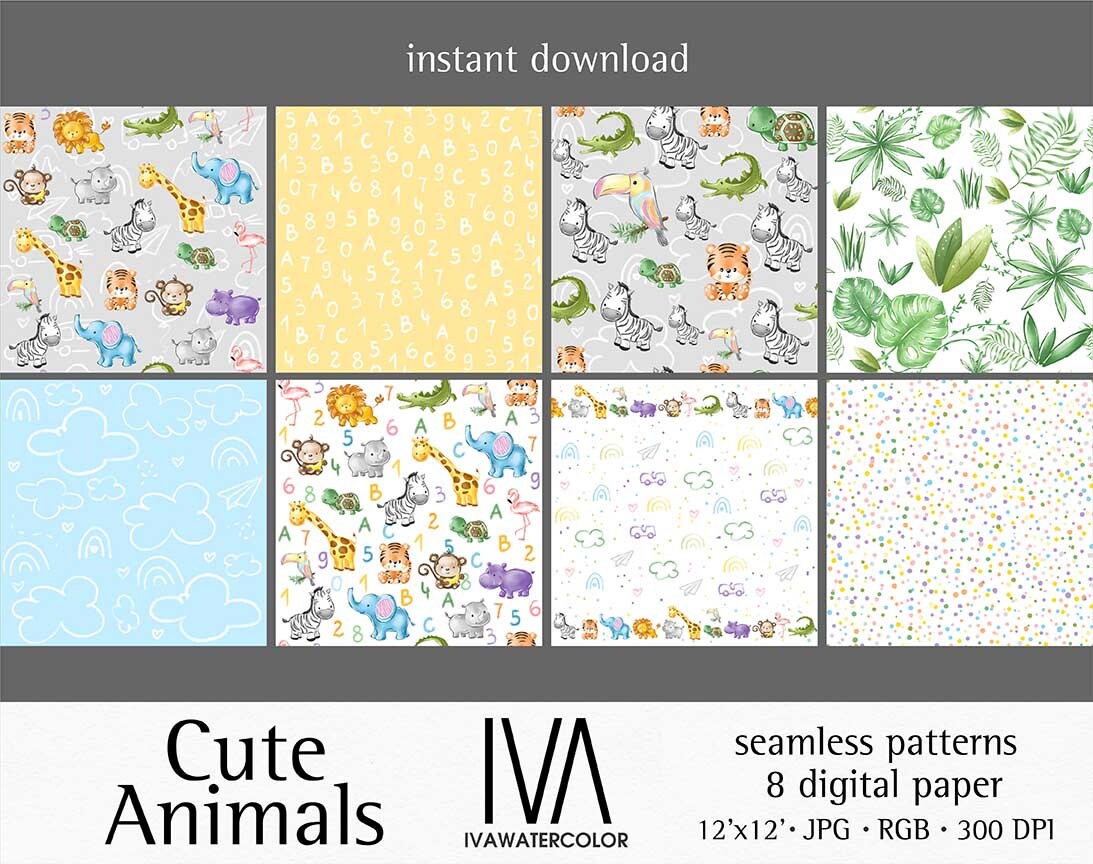 Baby Animals Digital Paper Pack Cute Seamless Pattern Fabric Stickers ...