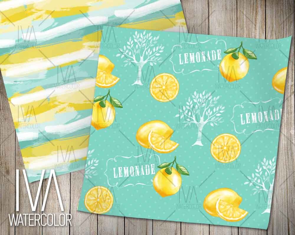 Lemon Digital Paper, Lemonade Cocktail Patterns, Summer, Yellow Green ...