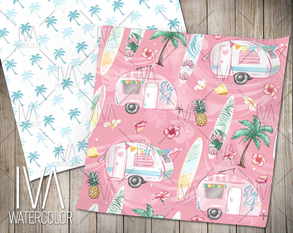 Summer Beach Camping Seamless Patterns, Palm Sea Surf Digital Paper ...