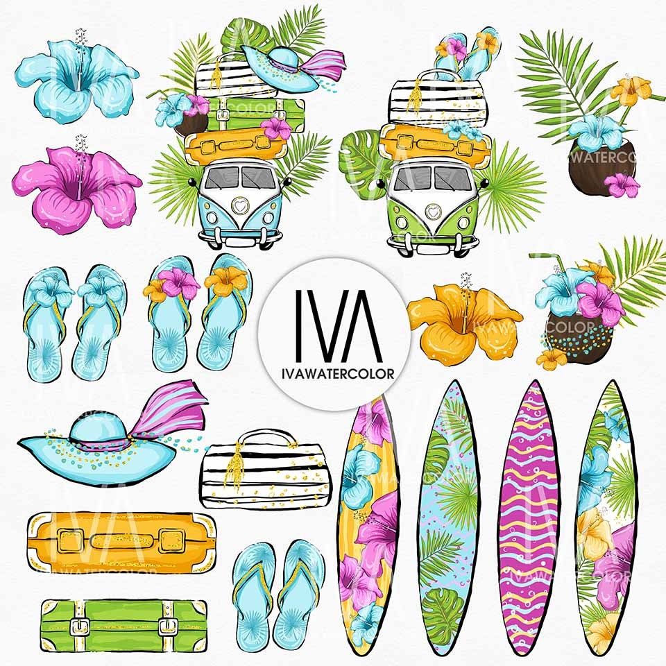 Summer Clipart, Surf Clipart, Surfer Girl Exotic Beach Clipart ...