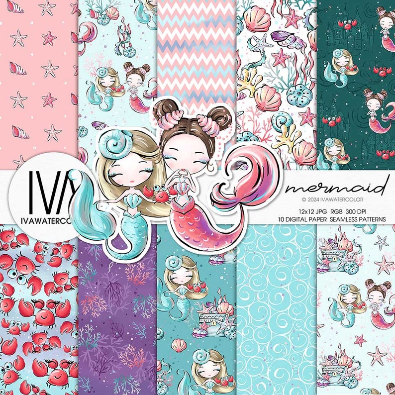 Mermaid Digital Paper, Seamless Pattern, Mermaid Background, Digital ...