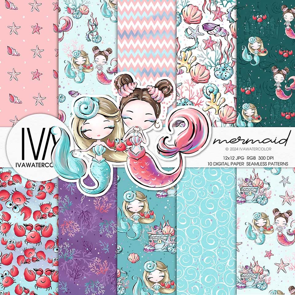 Mermaid Digital Paper, Seamless Pattern, Mermaid Background, Digital ...