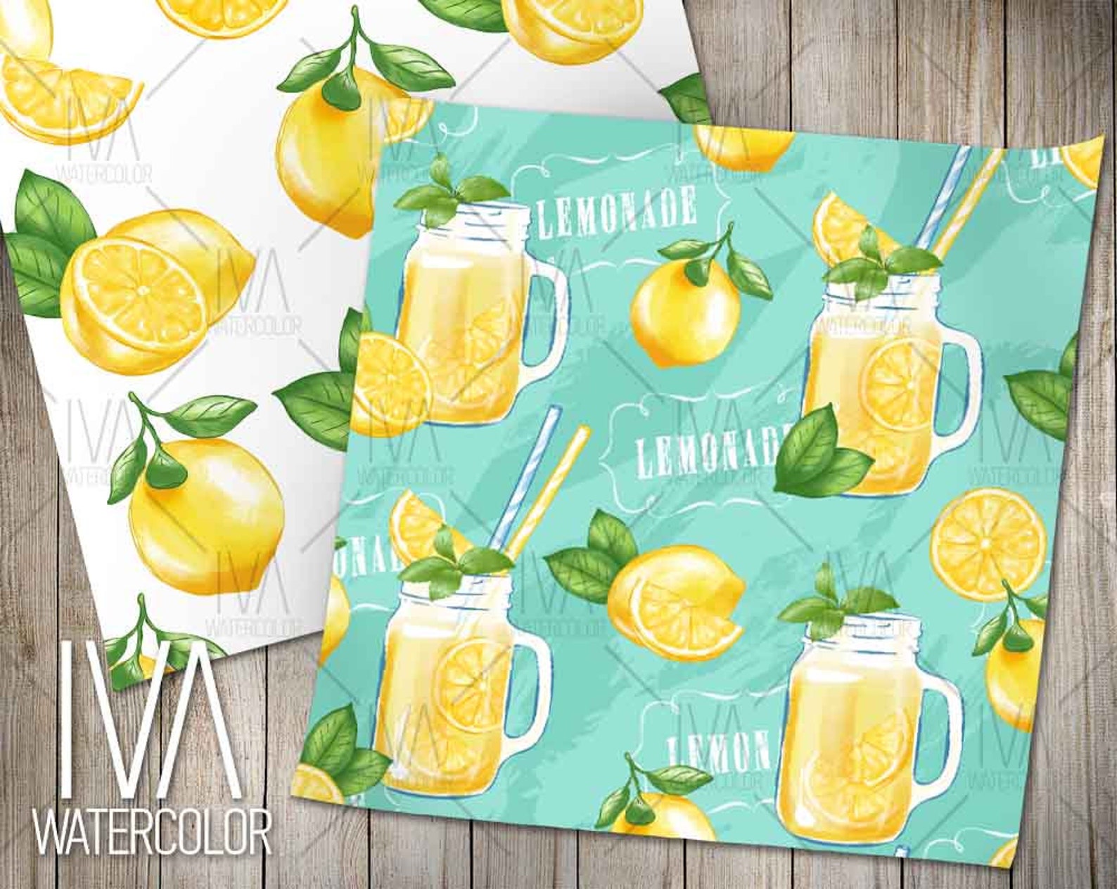 Lemon Digital Paper, Lemonade Cocktail Patterns, Summer, Yellow Green ...
